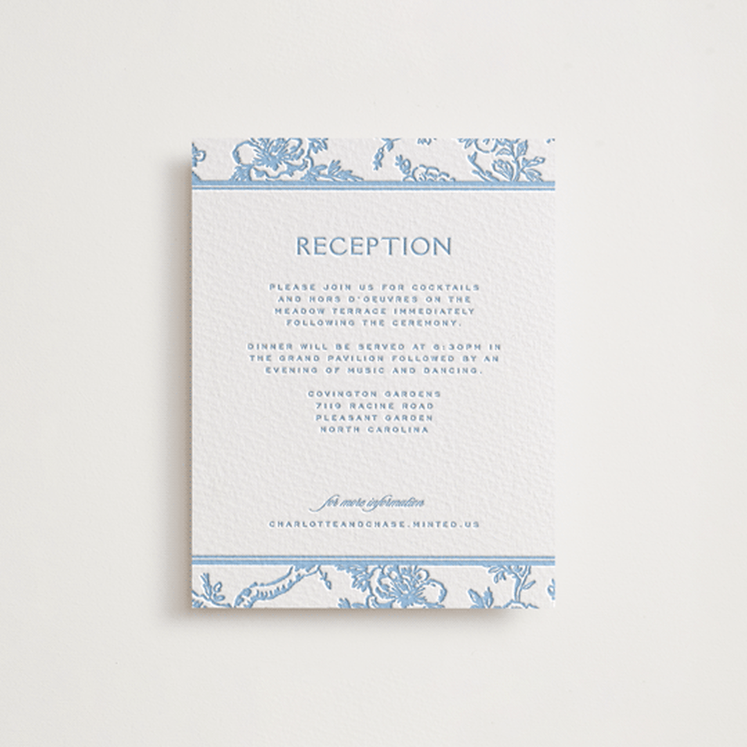 Classic Toile Letterpress Reception Cards by Jenna Holcomb | Minted